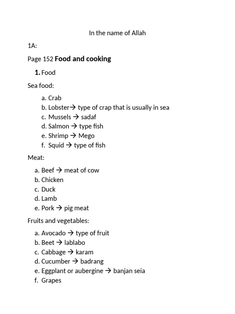 Seafood, Meat, Fruits, and Cooking Methods | PDF