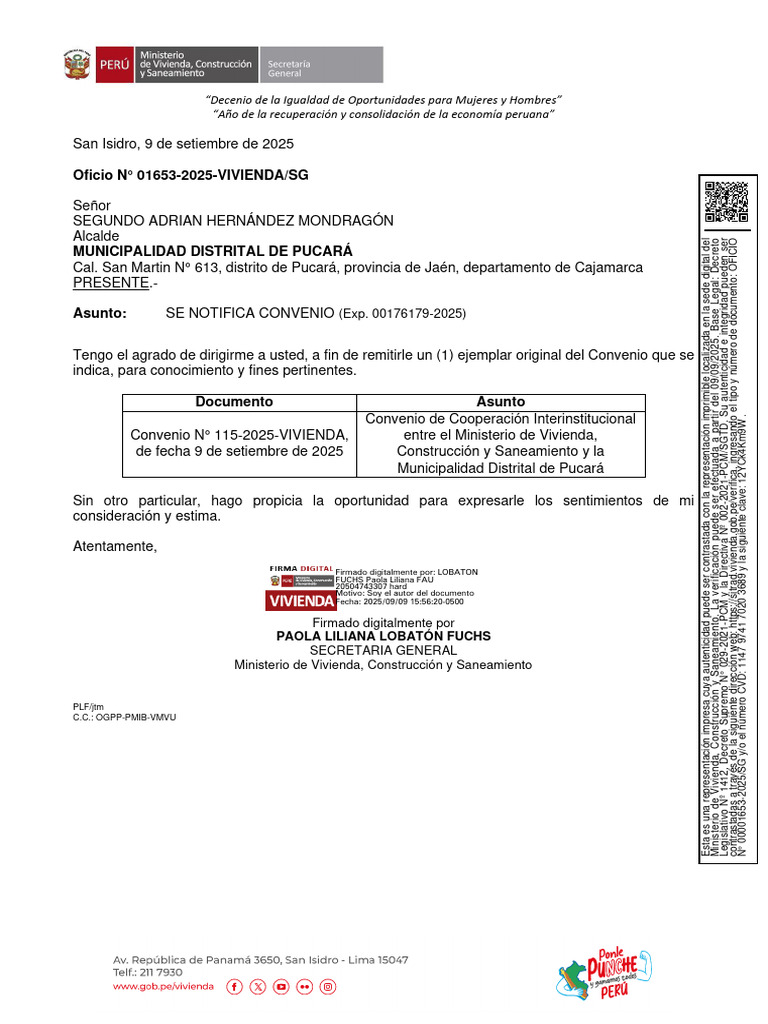 OFICIO 1653-2025-VIVIENDA-SG - CONVENIO _ OBRA SAN MARTIN (1) | PDF