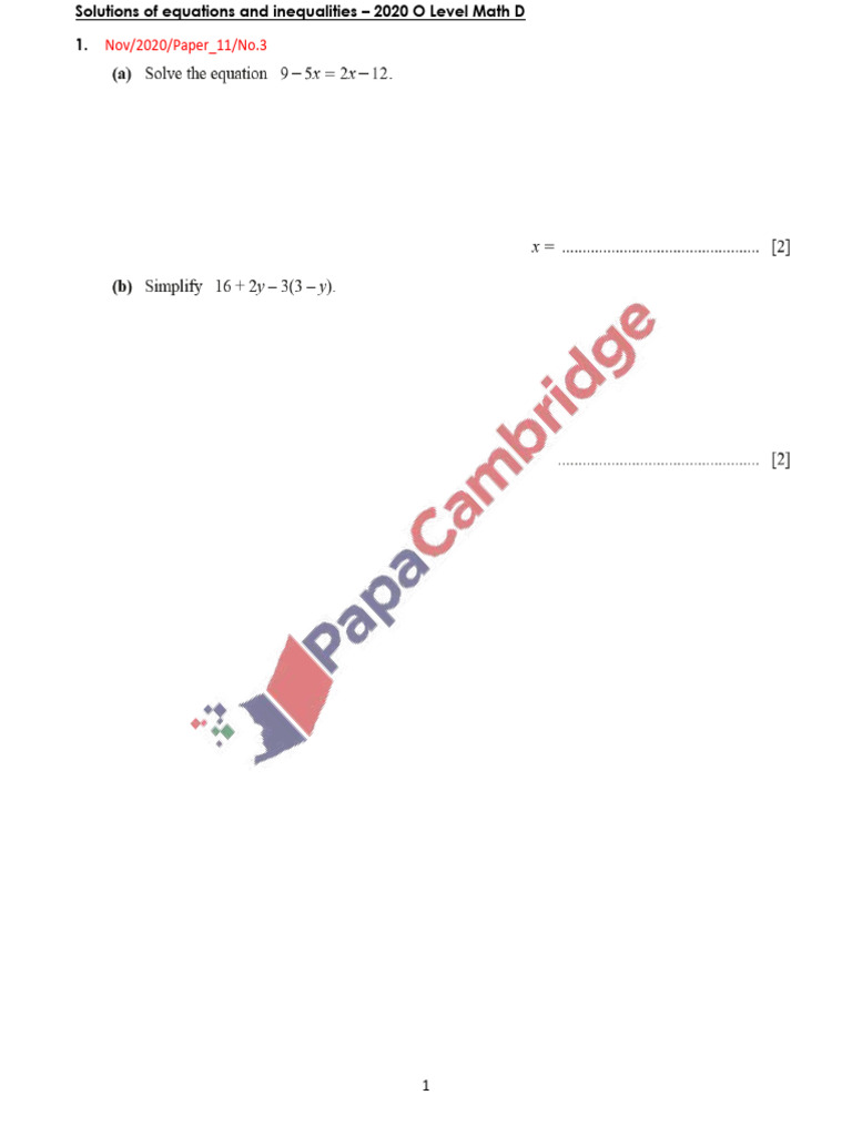 2020 Solutions of Equations and Inequalities O Level 4024 | PDF