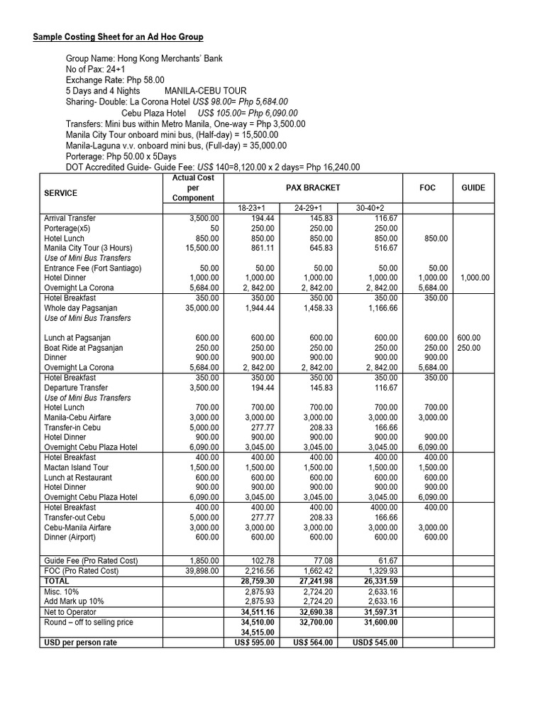 Sample Costing Sheet for an Ad Hoc Group 2 | PDF | Fee