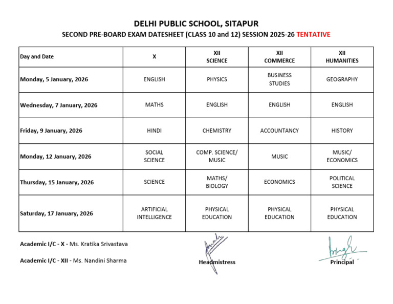 Class 10 & 12 Pre-Board Exam Schedule | PDF