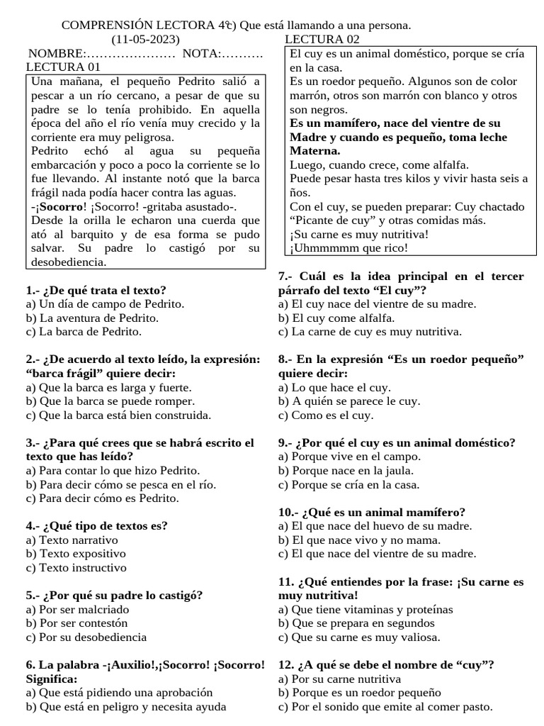 01 Comunicacion Comprensión Lectora i 11-05-0223 | PDF | Conejillo de indias