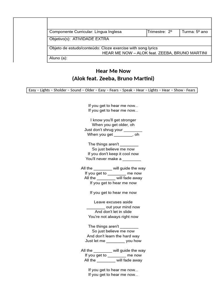 Cloze Exercise: Hear Me Now Lyrics | PDF