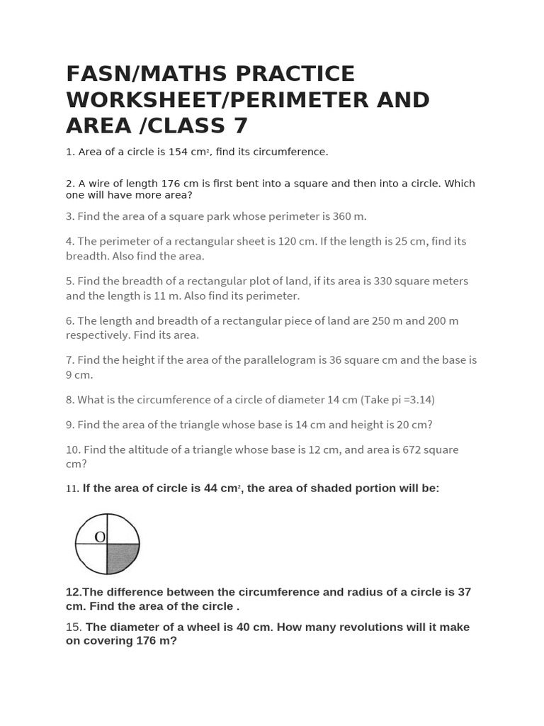 Class 7 Perimeter and Area Worksheet | PDF | Area | Rectangle
