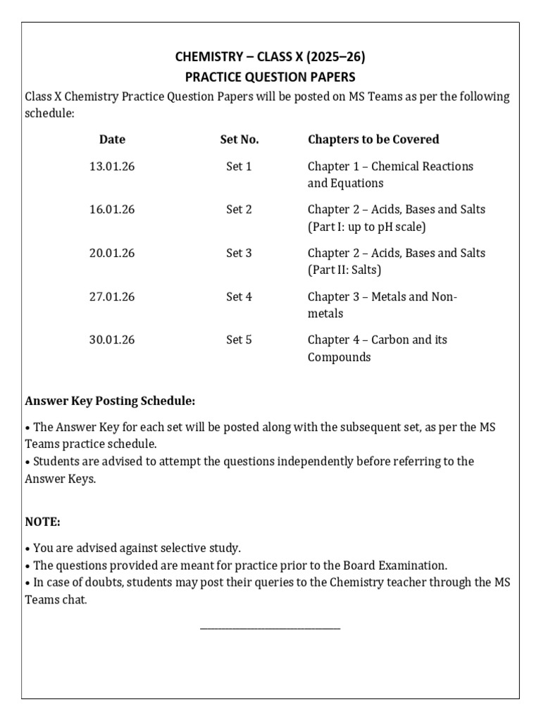 X Chemistry Practice Questions Schedule 2025-26 | PDF