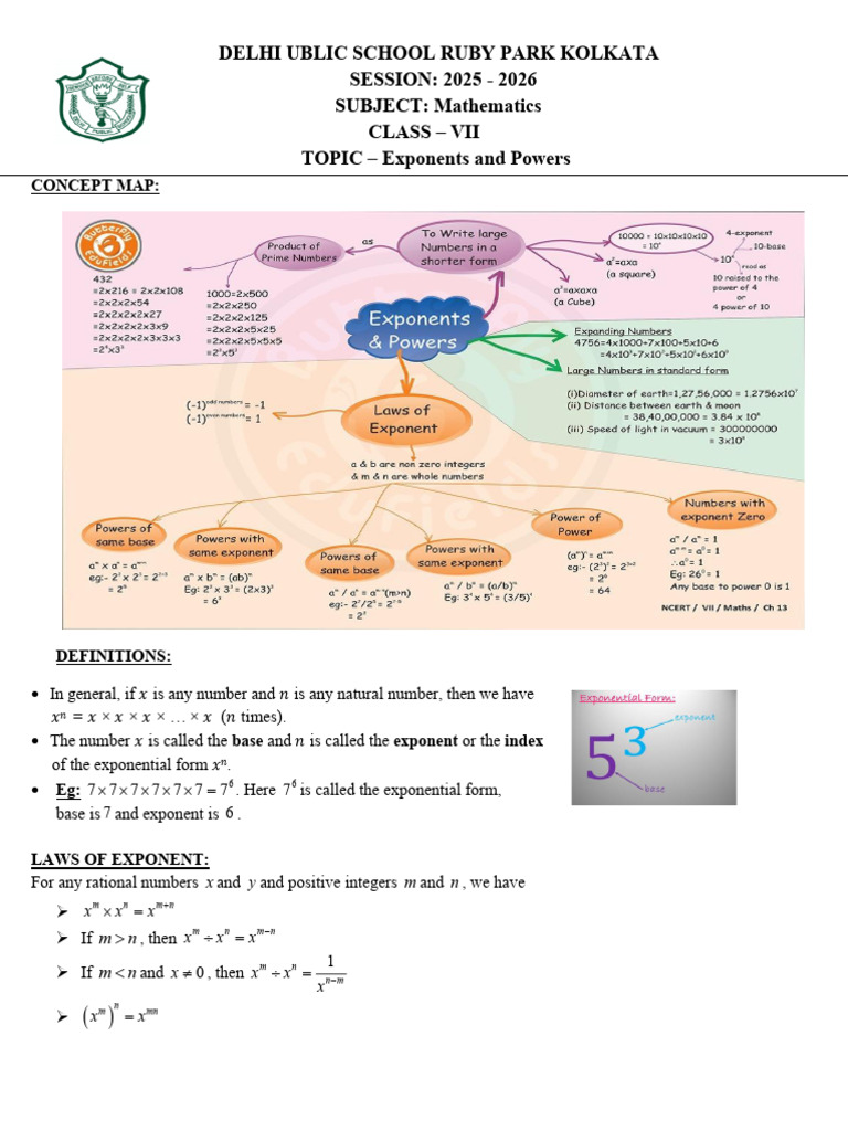 Maths Class-7 Exponents and Powers Study Material(2025-26) 12-12-25 ...