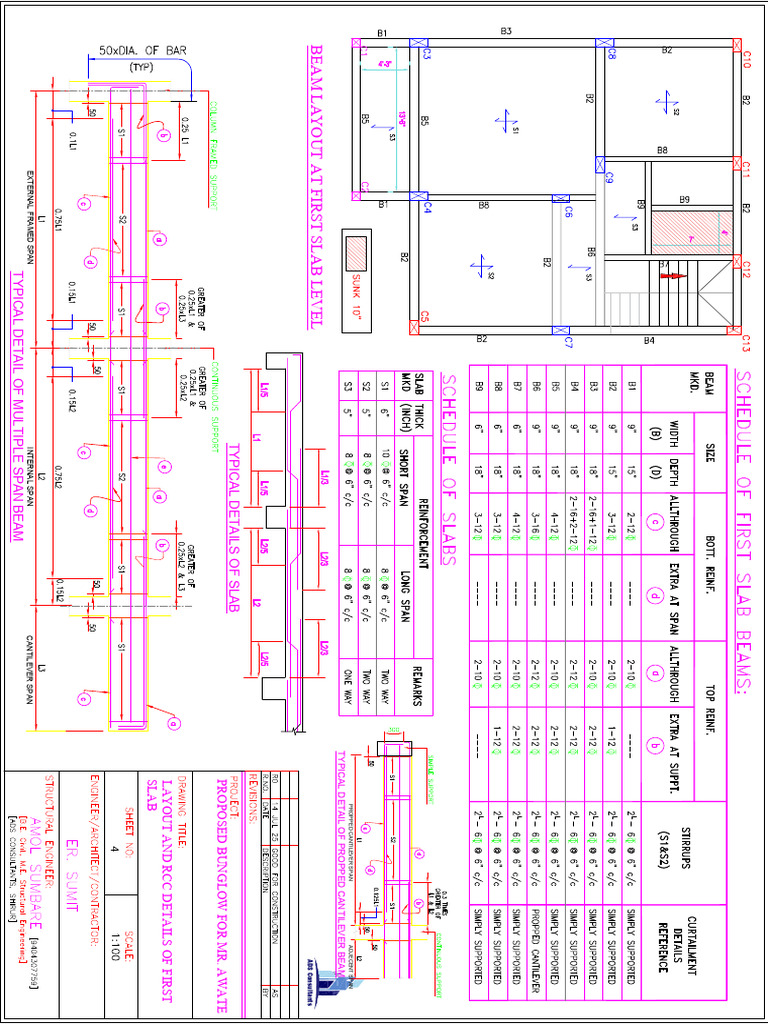 Sheet 4-Layout and Rcc Details of First Slab_awate | PDF