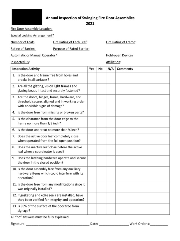 Annual Inspection of Swinging Fire Door Assemblies - Checklist | PDF