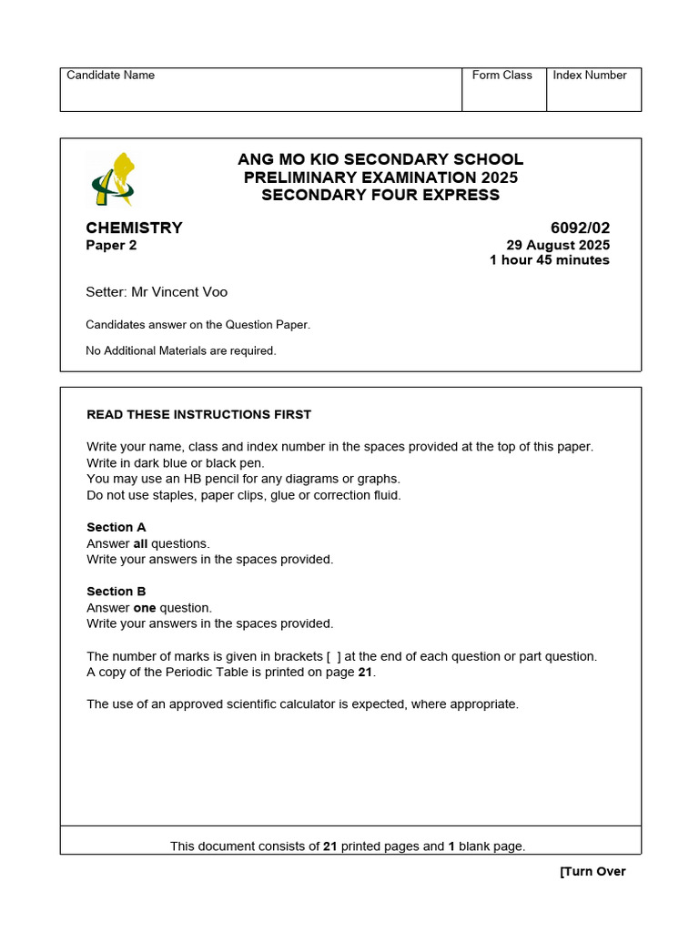 AMK Secondary School Chemistry Prelim Exam | PDF | Nitrogen | Physical ...