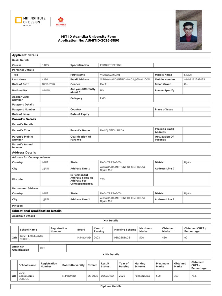 MIT ID Application for B.DES at Avantika | PDF