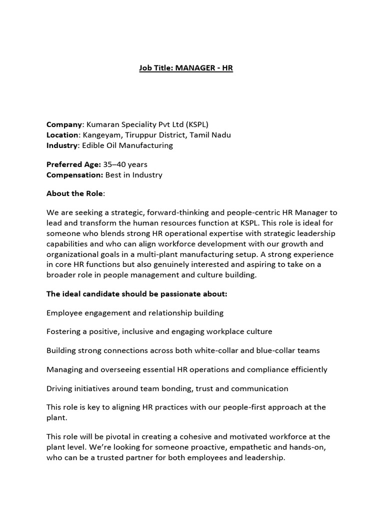 JD -HR MANAGER (3) | PDF | Human Resource Management | Analytics