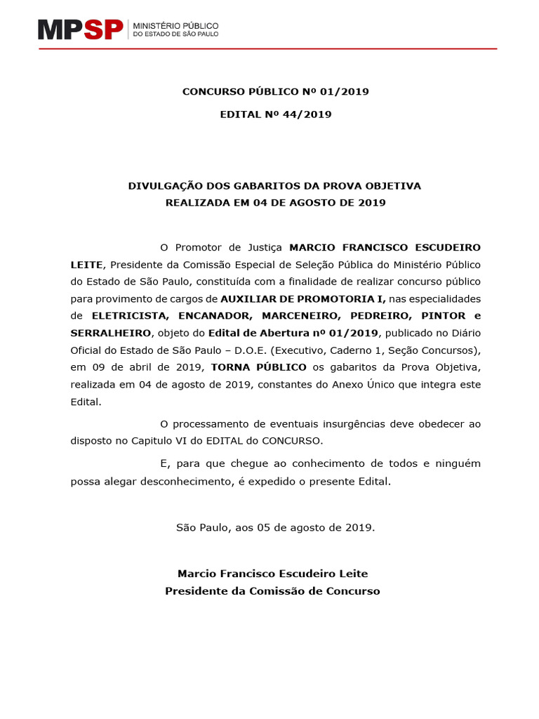 21018110-Edital 44_19 Gabarito Prova Objetiva Publicado | PDF