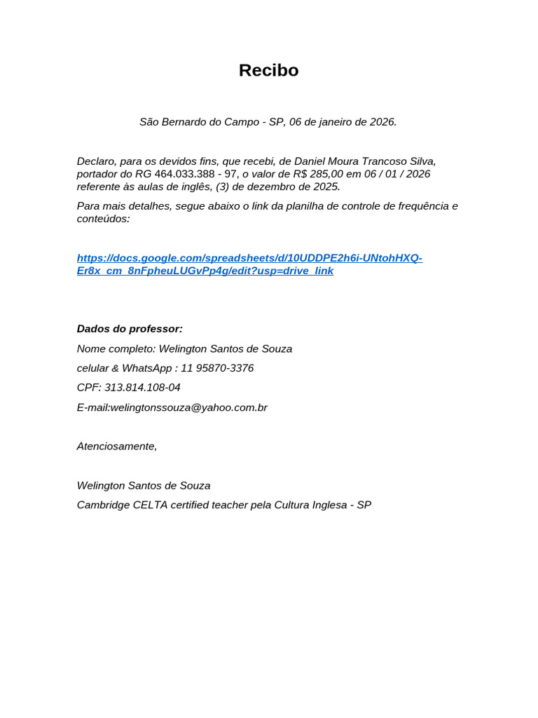 Recibo de Aulas de Inglês em SP | PDF