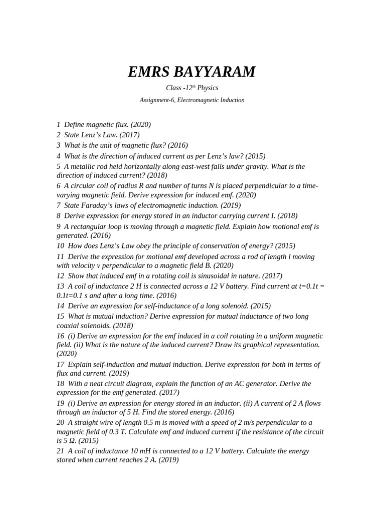 electromagnetic induction assignment class 12th physics | PDF ...