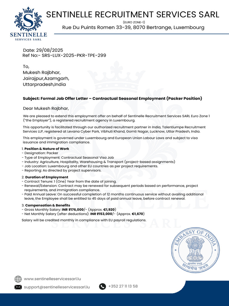 Sentinelle Offer Letter | PDF | Employment | Salary
