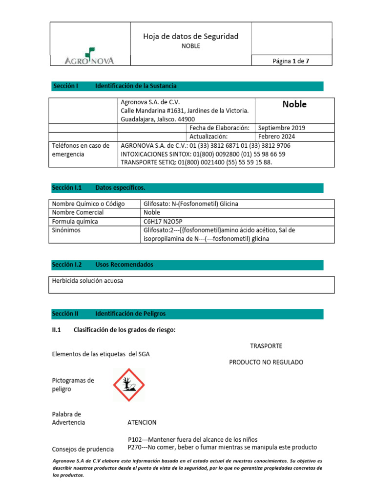 Hoja de Seguridad Noble | PDF | Agua | Jabón