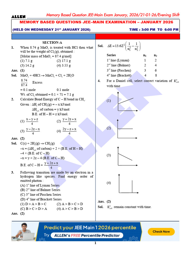 2101-Chemistry Memory Based Paper With Sol. Evening Final | PDF | Ionic Bonding | Atoms