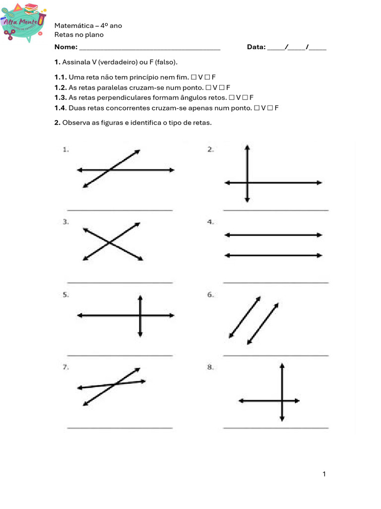 Retas no Plano: Exercícios para 4º Ano | PDF | Linha (Geometria ...