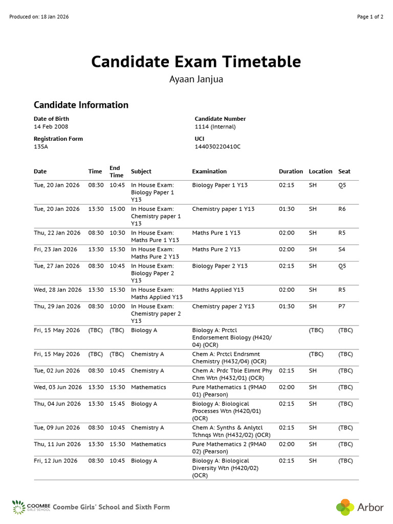 2026-01-18 Exam Timetable for 1114 Janjua Ayaan | PDF | Schools ...