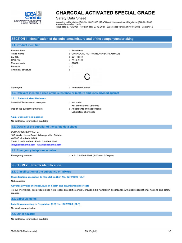 Msds Charcoal Activated Casno 7440-44-02689 En | PDF | Personal ...