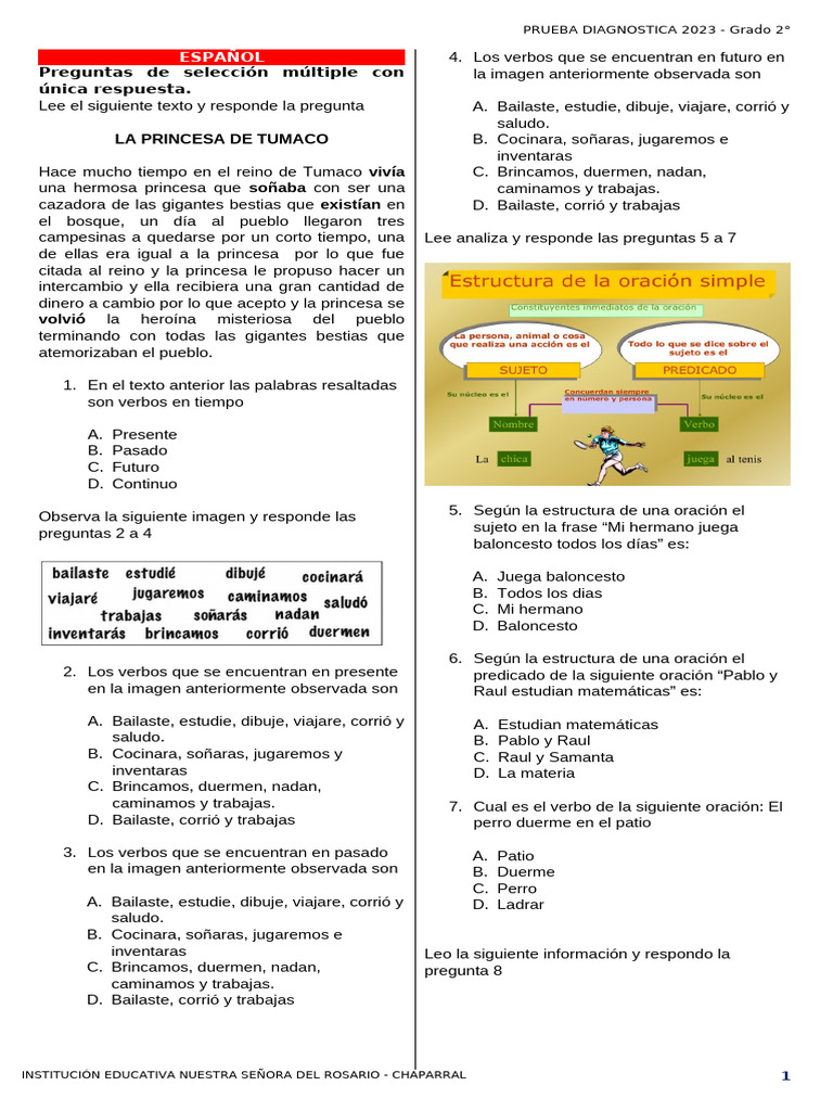Prueba Diagnóstica Español Grado 2 | PDF