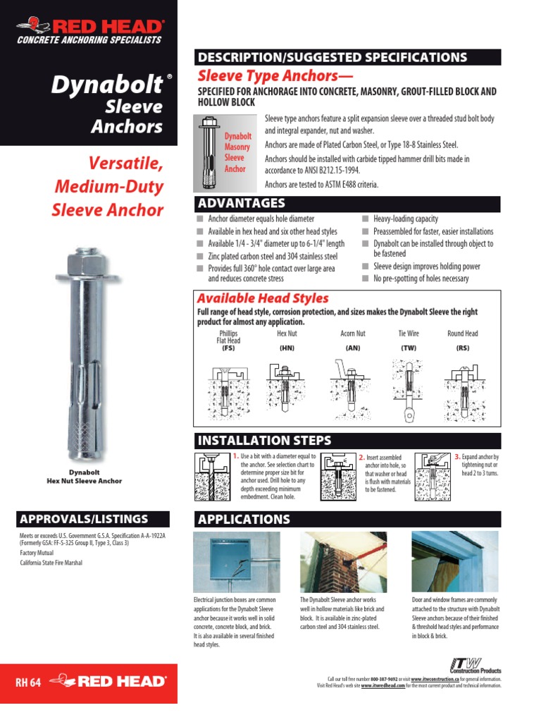 ITW - Dynabolt Sleeve Anchor | PDF | Screw | Building Materials
