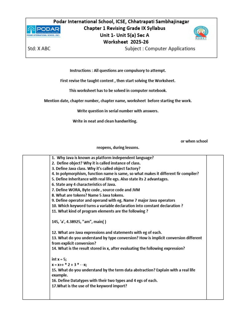 Grade IX Computer Applications Worksheet | PDF | Integer (Computer ...