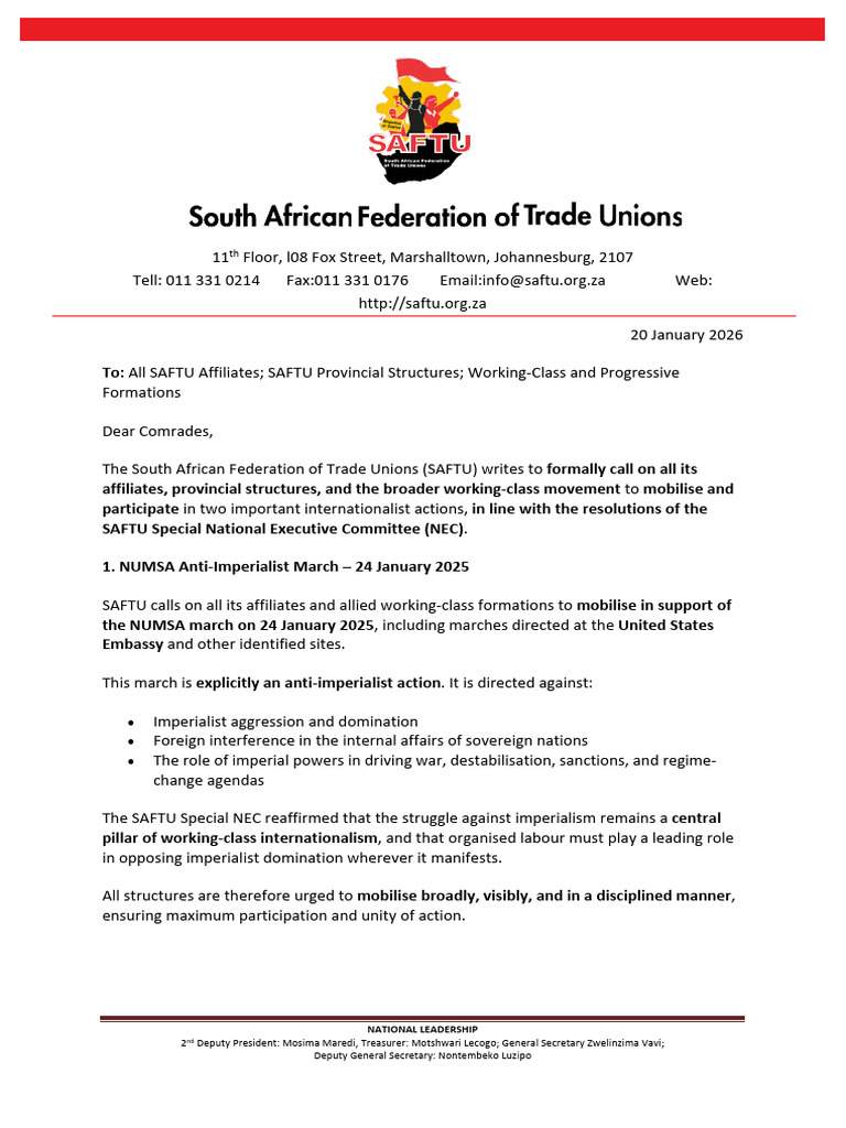 SAFTU Calls for Anti-Imperialist Mobilization | PDF | Internationalism ...
