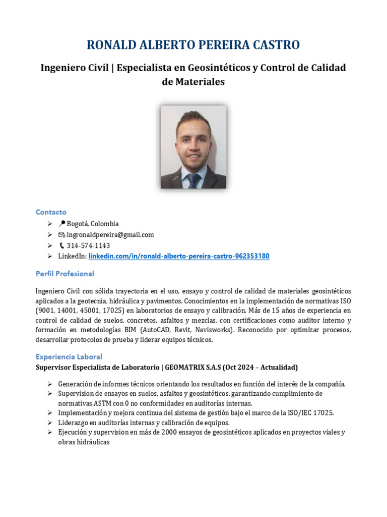 CV Ronald Pereira (3) | PDF | Laboratorios