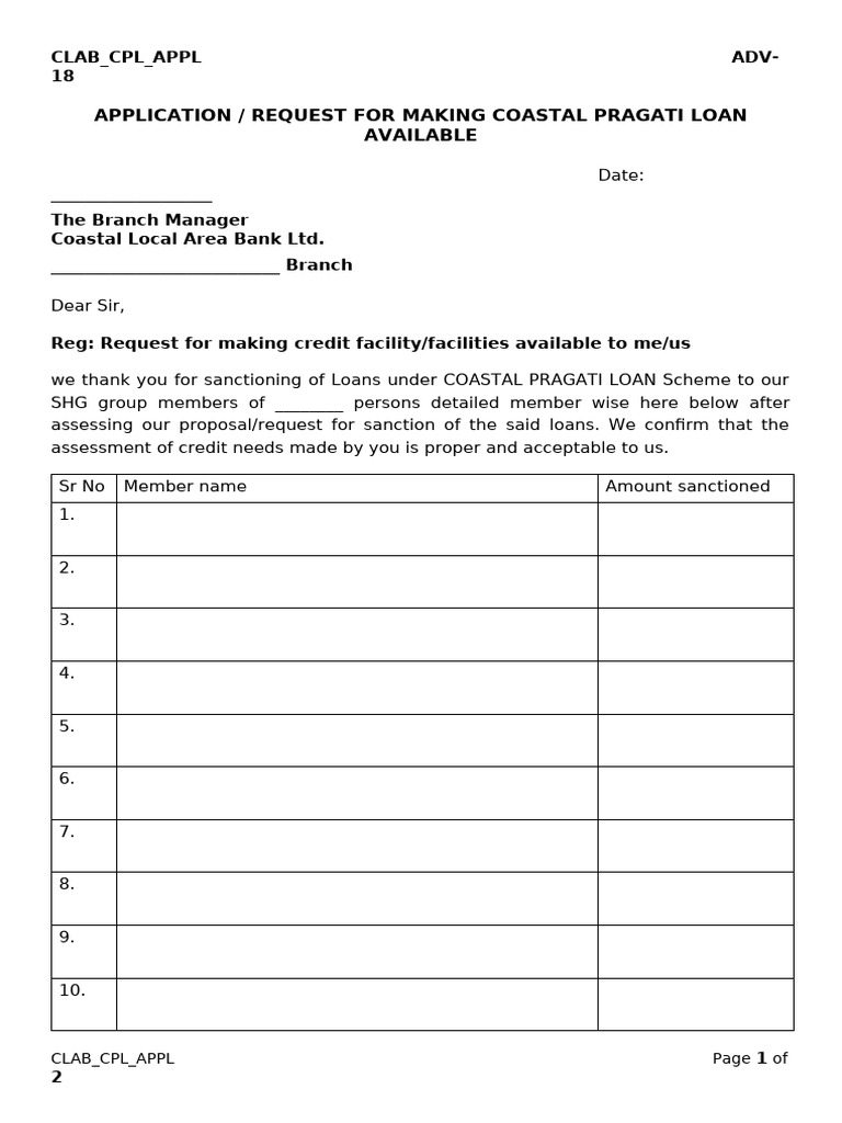 ADV 18 CLAB Application for CPL Loans | PDF