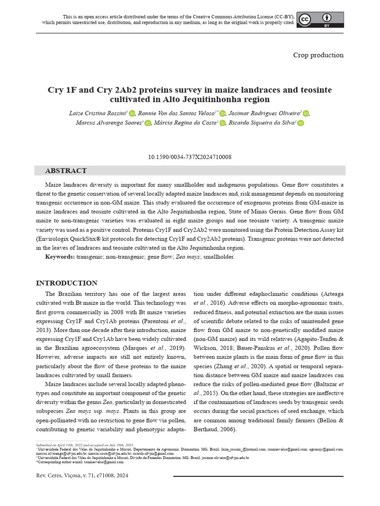 Cry 1F and Cry 2Ab2 proteins survey in maize landraces and teosinte ...