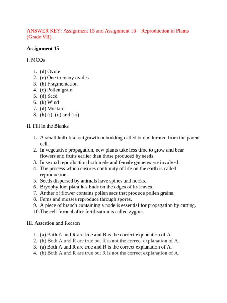 ANSWER KEY Assignment Booklet- Reproduction in Plants | PDF | Seed | Fertilisation