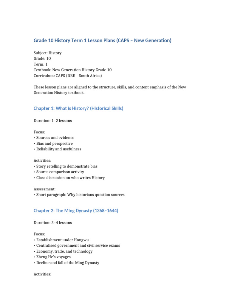 Grade 10 History Term 1 Lesson Plans | PDF