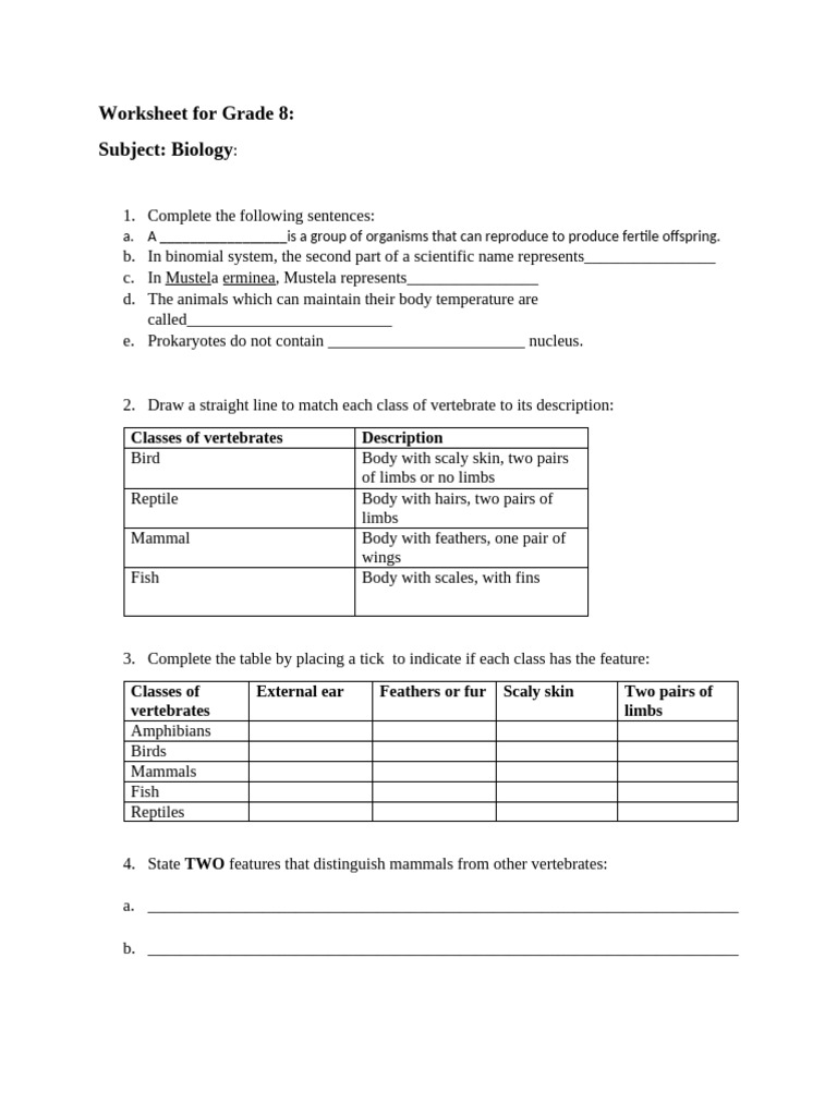 Grade 8 Biology Worksheet on Vertebrates | PDF | Mammals | Sheep