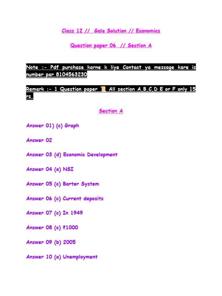 STD 12 -- QP 06 -- Economics | PDF | Unemployment | Inflation