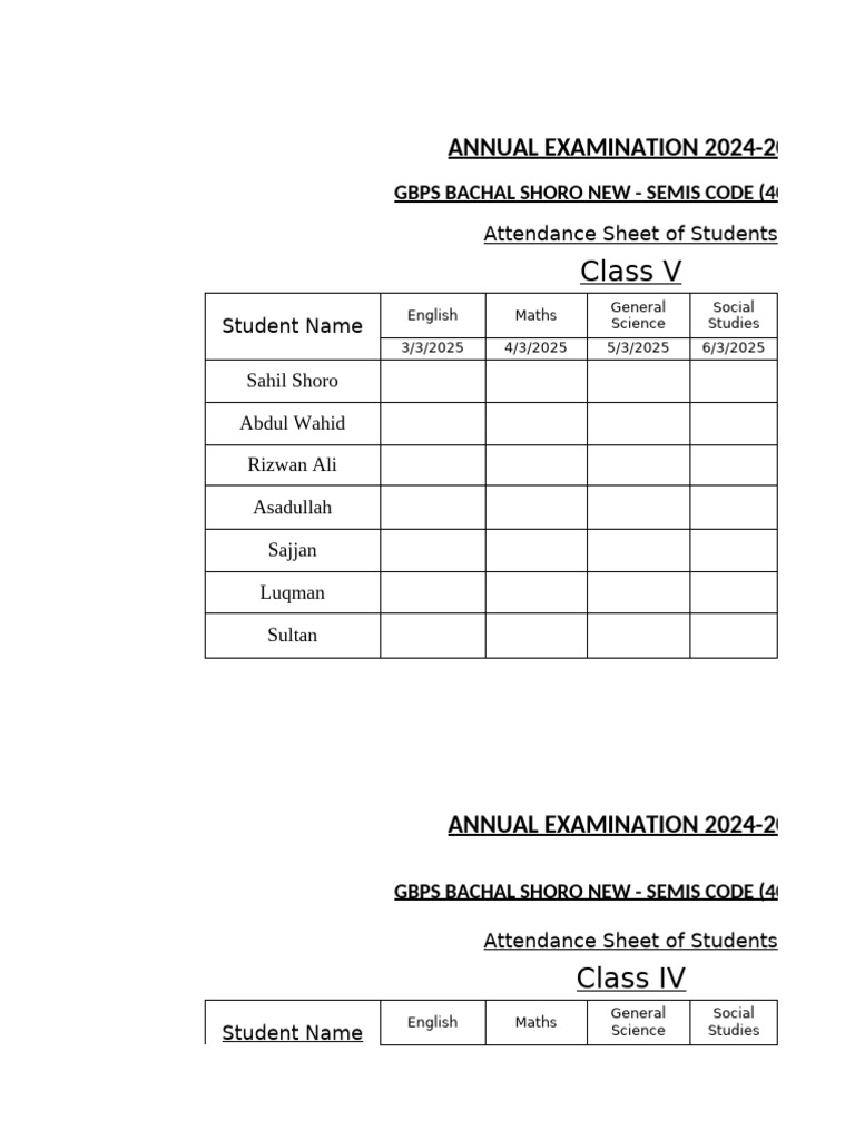 GBPS Bachal Shoro Exam Attendance 2024-25 | PDF