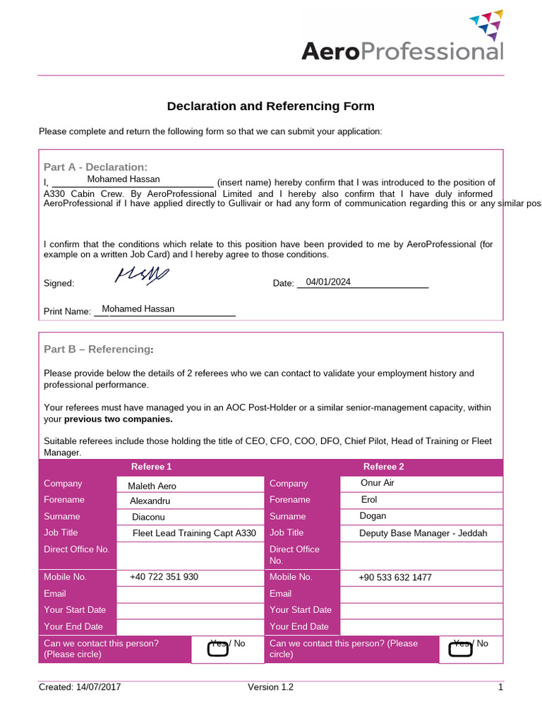 Declaration & Referencing Form - Gullivair | PDF