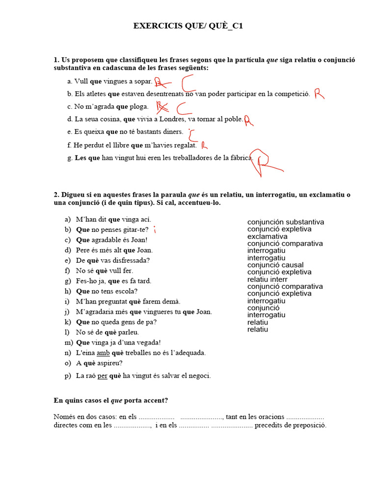 Exercicis_QUE_QUÈ_C1: PRACTICAT A CASA COM CAL | PDF