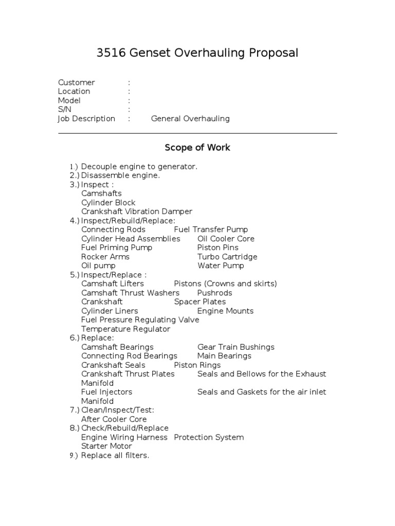 3516 Genset Overhauling Proposal | PDF