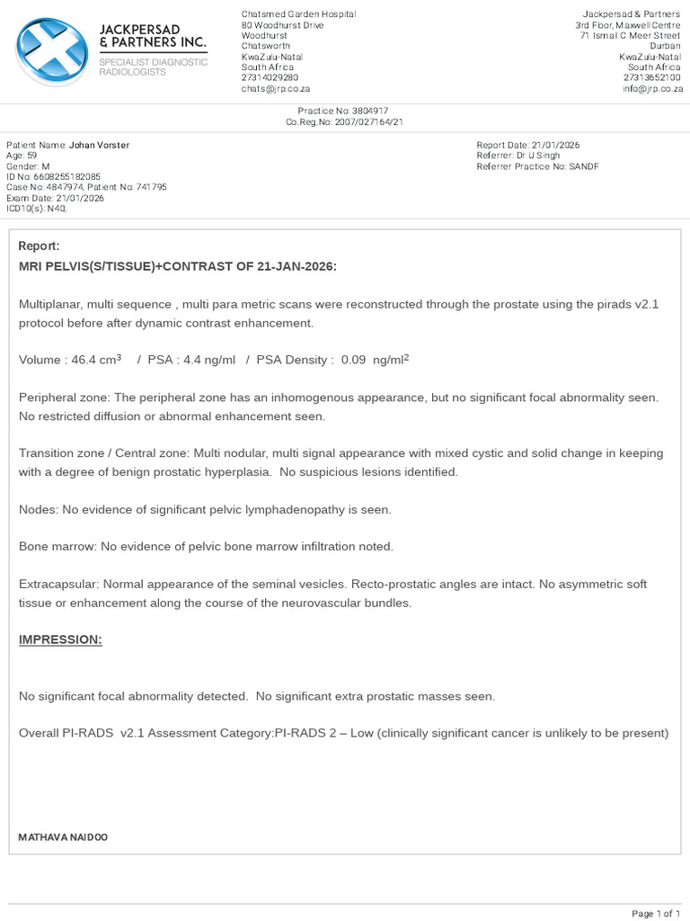 MRI Pelvis Report for Johan Vorster | PDF | Prostate Specific Antigen ...