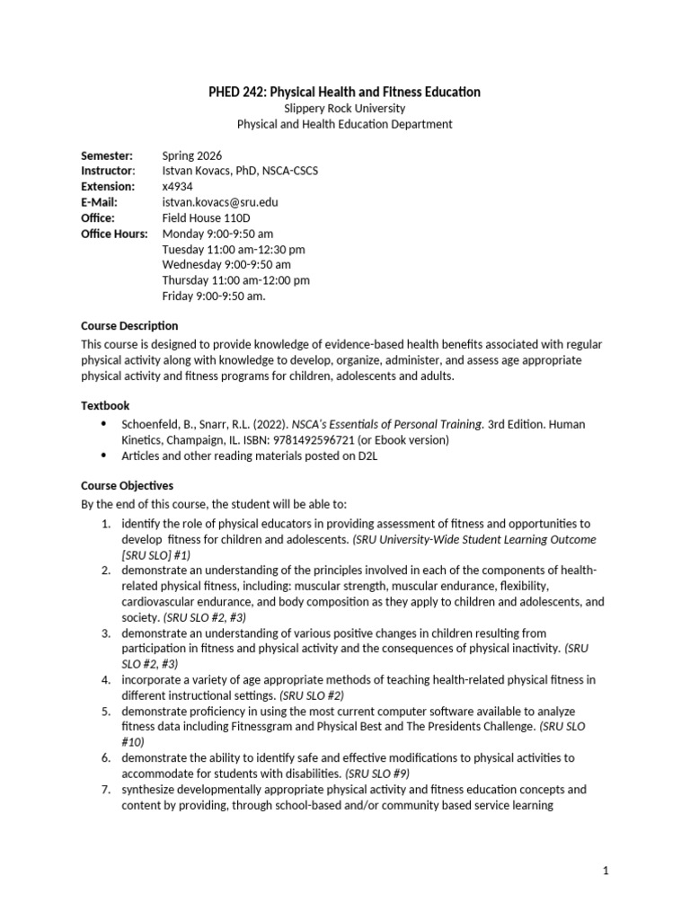 PHED 242-01 Spring 2026_syllabus | PDF | Physical Fitness | Strength ...