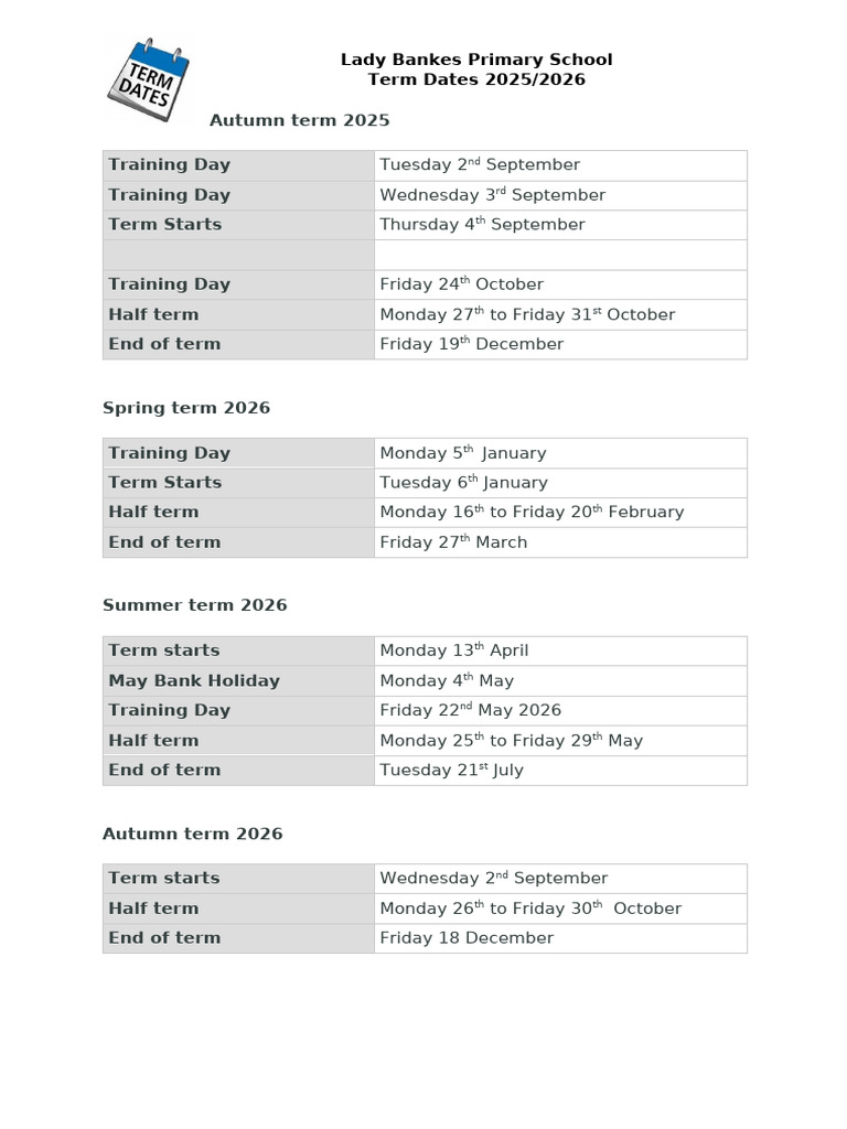 Lady Bankes Primary School Term Dates 2025-2026 | PDF