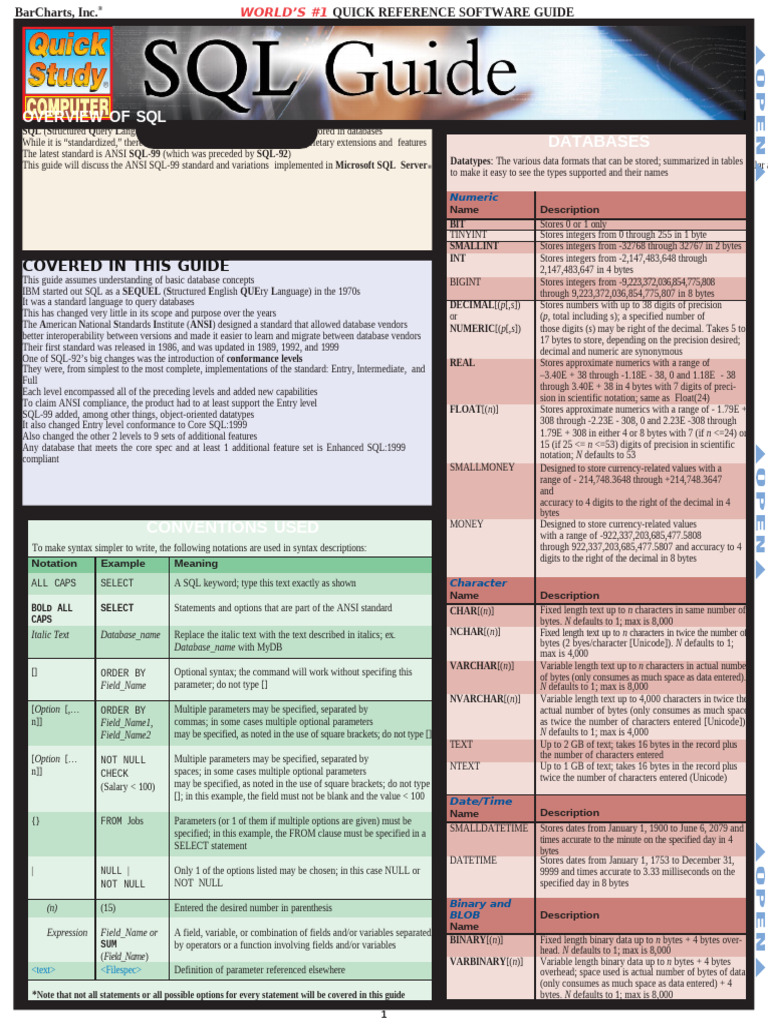 SQL Reference Sheet | PDF | Database Index | Sql