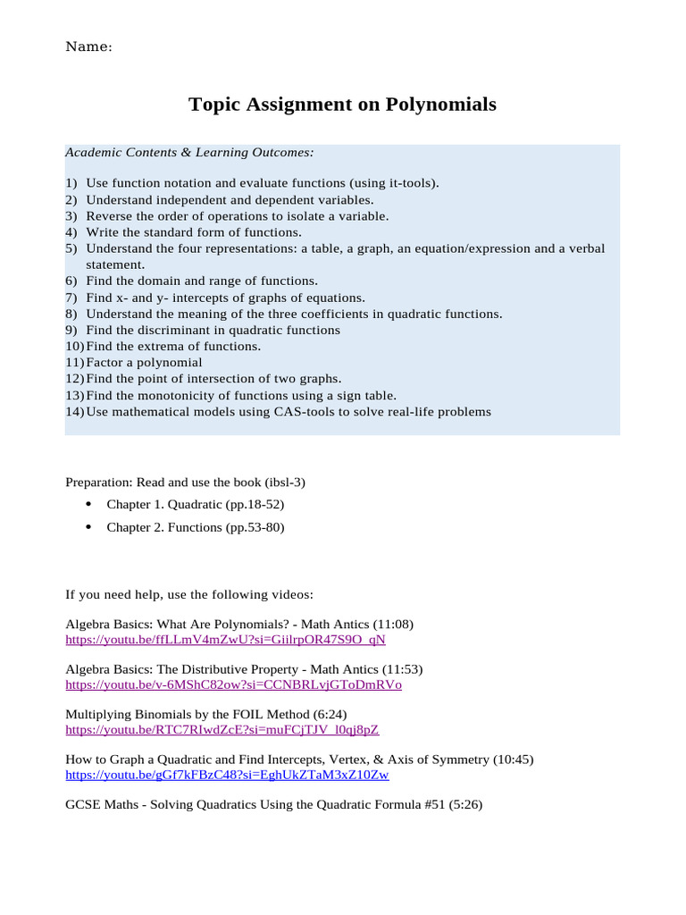 1-12_1. Topic Assignment (Polynomials) 2025 (1) | PDF | Quadratic Equation | Polynomial