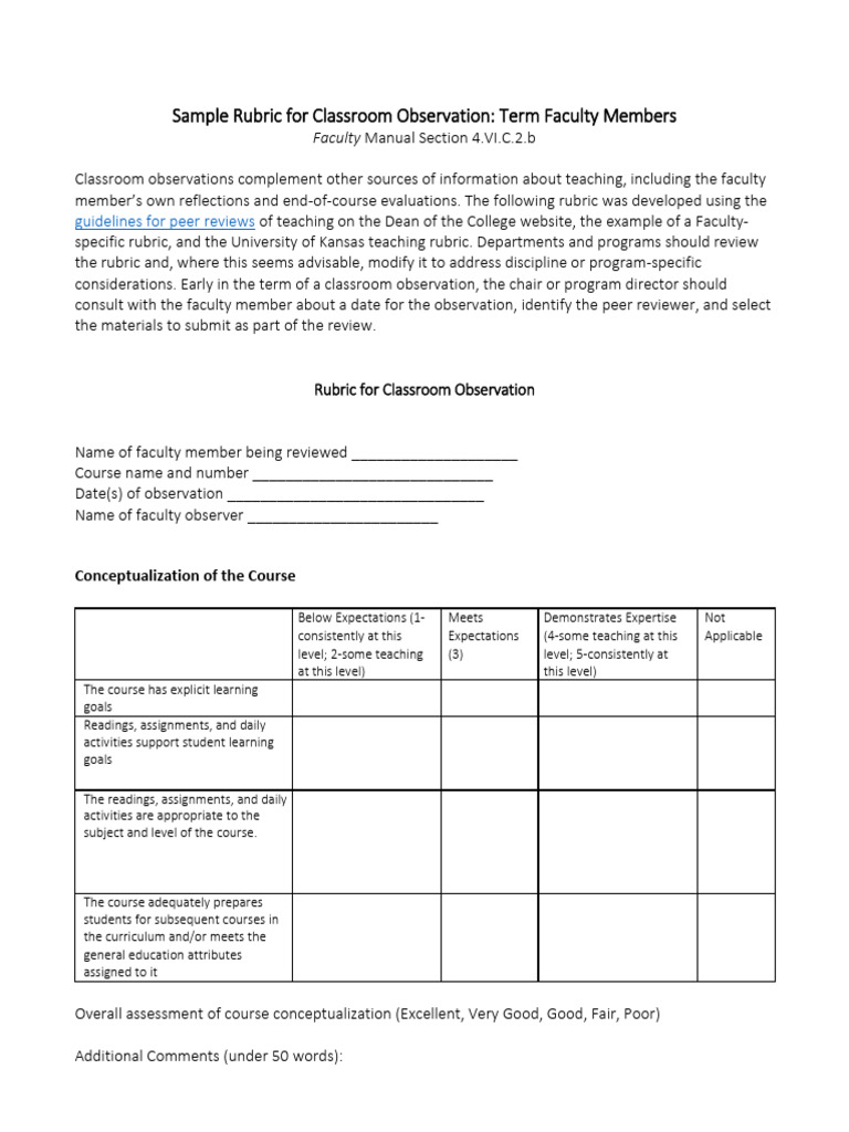 Classroom Observation Rubric for Faculty | PDF | Peer Review | Pedagogy