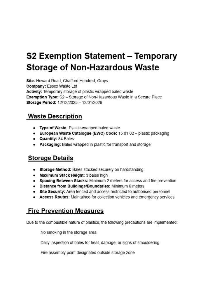 S2 Exemption Statement – Temporary Storage of Non-Hazardous Waste | PDF