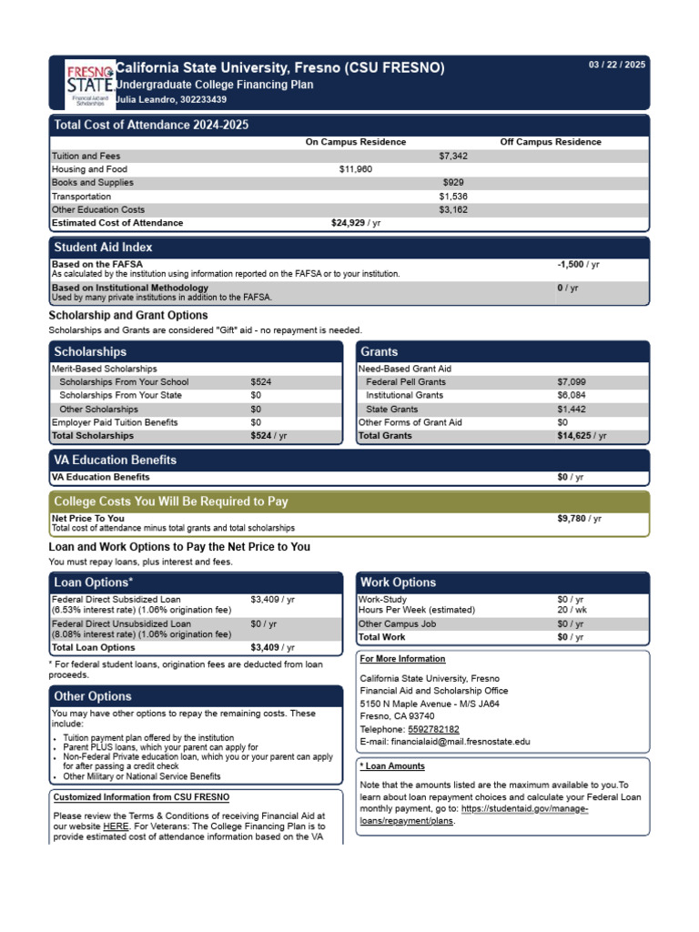 College Financing Plan | PDF | Student Financial Aid In The United ...