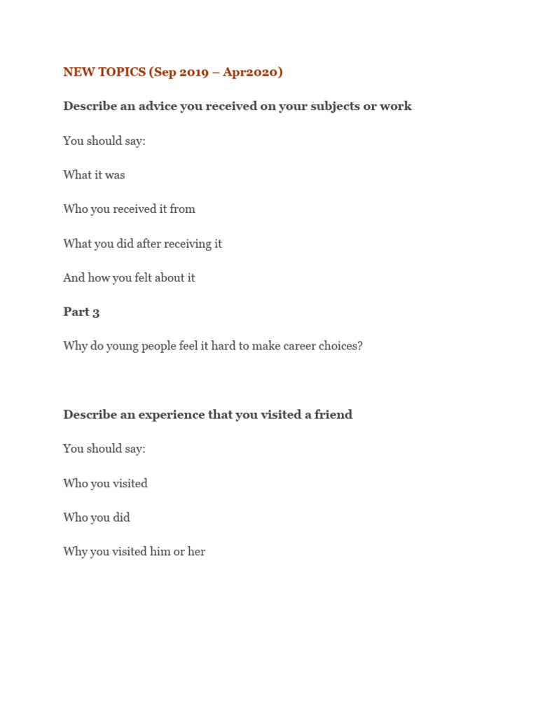 NEW TOPICS Speaking Part 2 and 3 (2019) | PDF | Foreign Language