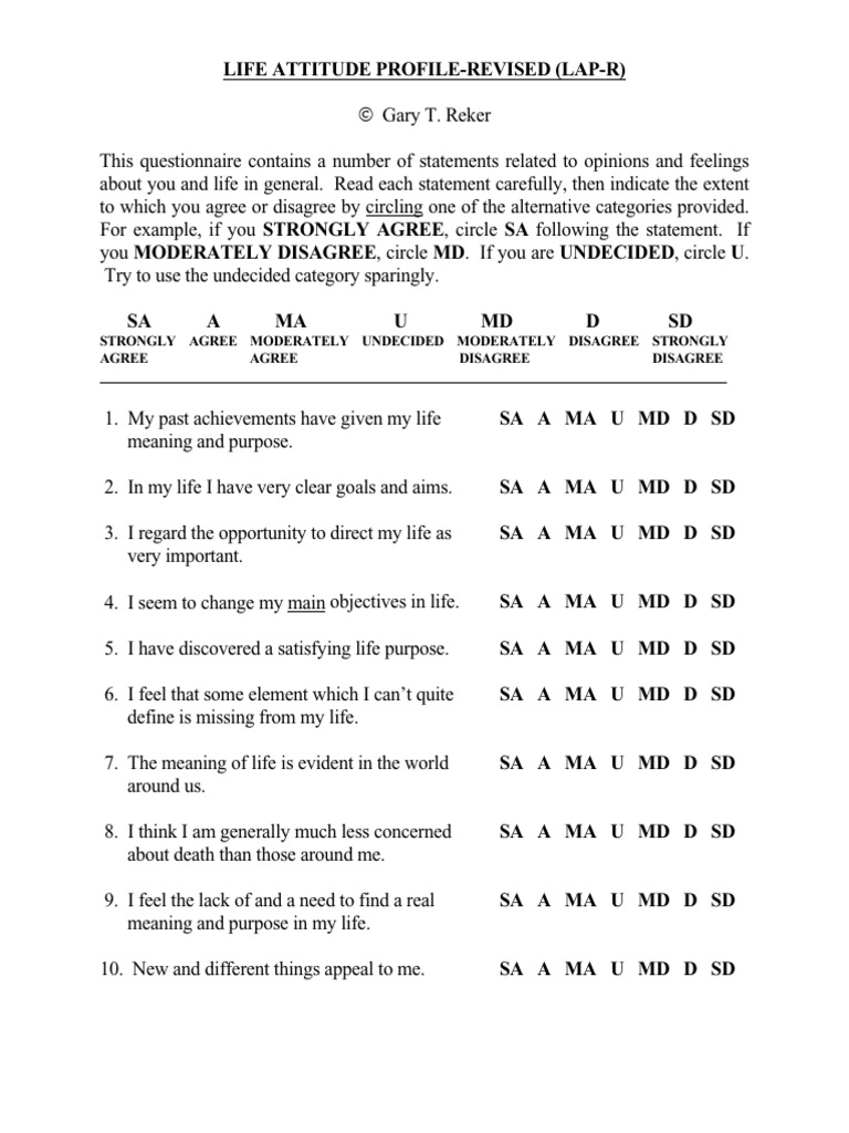 Life Attitude Profile-Revised (Lap-R) - Gary Reker's Website | PDF ...