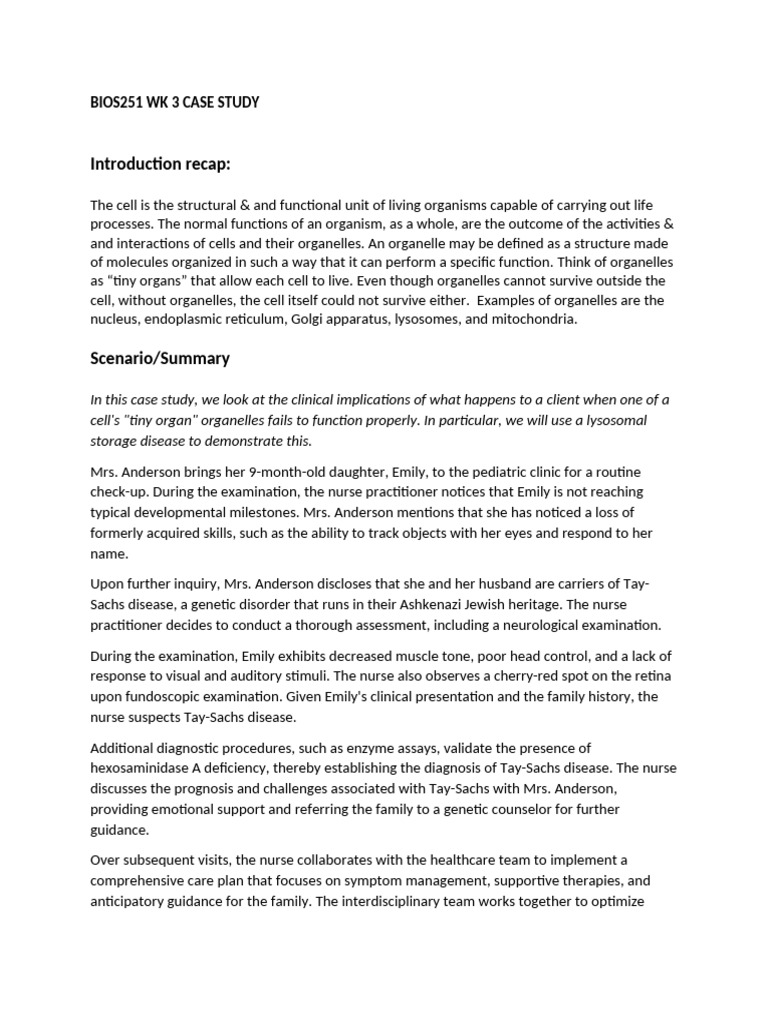 BIO251 WK3 Case Study | PDF | Lysosome | Diseases And Disorders
